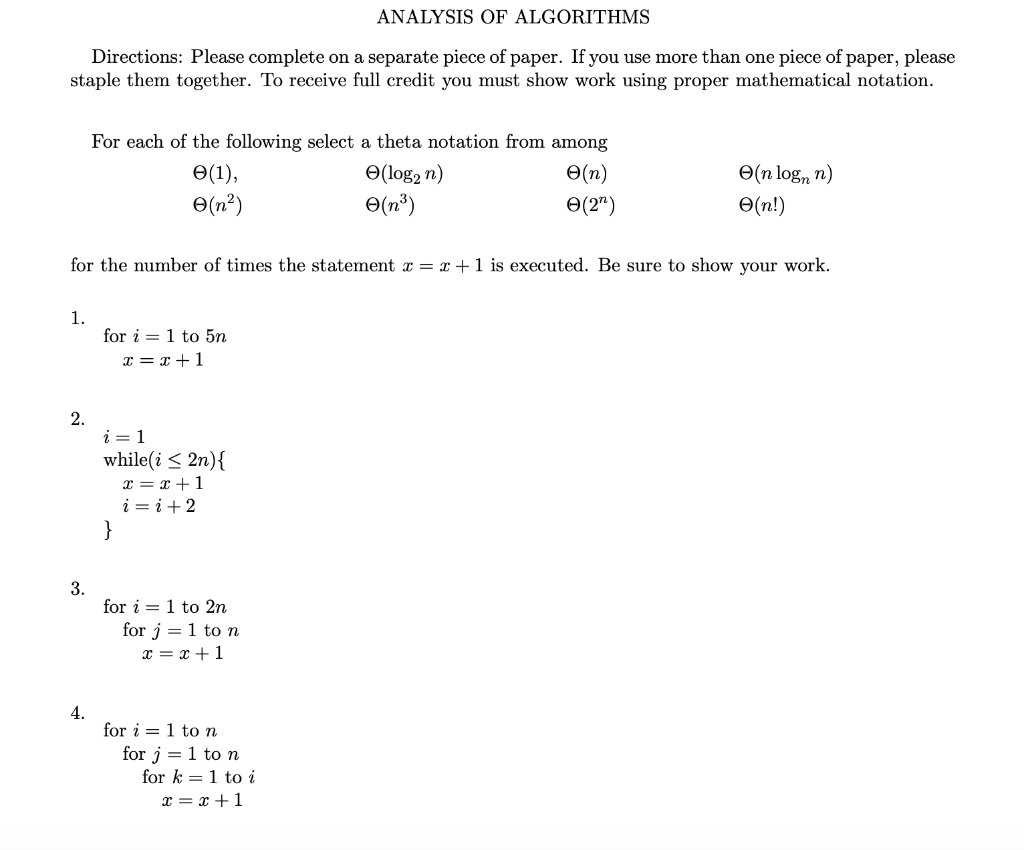 Solved ANALYSIS OF ALGORITHMS Directions: Please complete on | Chegg.com