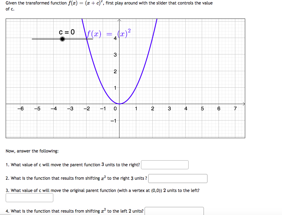Solved Given the transformed function f(x) = (x + c)", first | Chegg.com