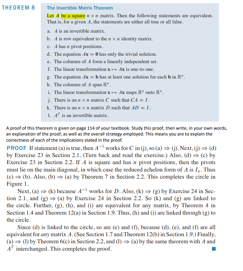 Solved THEOREM 8 The Invertible Matrix Theorem Let A be a | Chegg.com