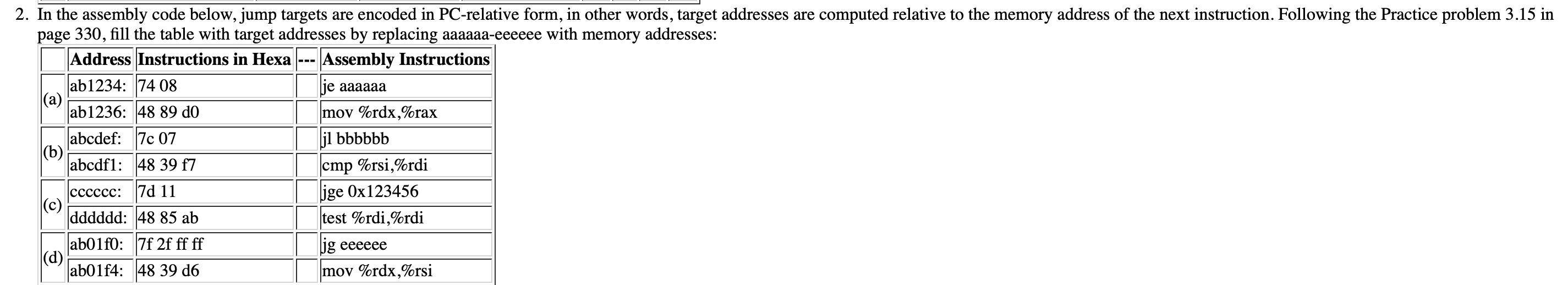 Solved page 330 , fill the table with target addresses by | Chegg.com
