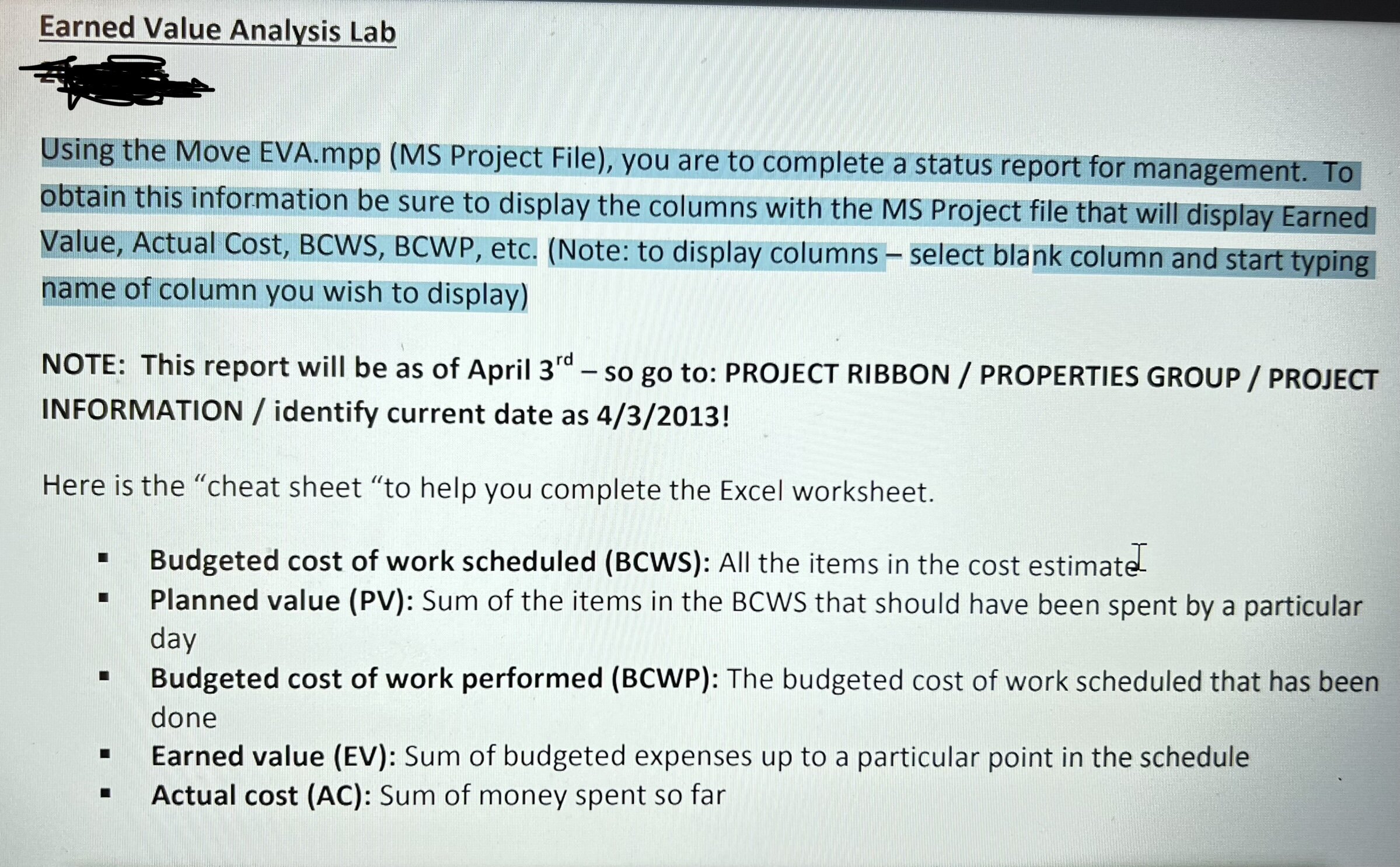 Solved Earned Value Analysis Lab Using the Move EVA.mpp (MS | Chegg.com