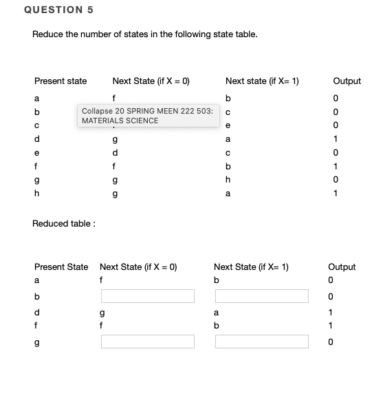 Solved QUESTION 5 Reduce the number of states in the | Chegg.com