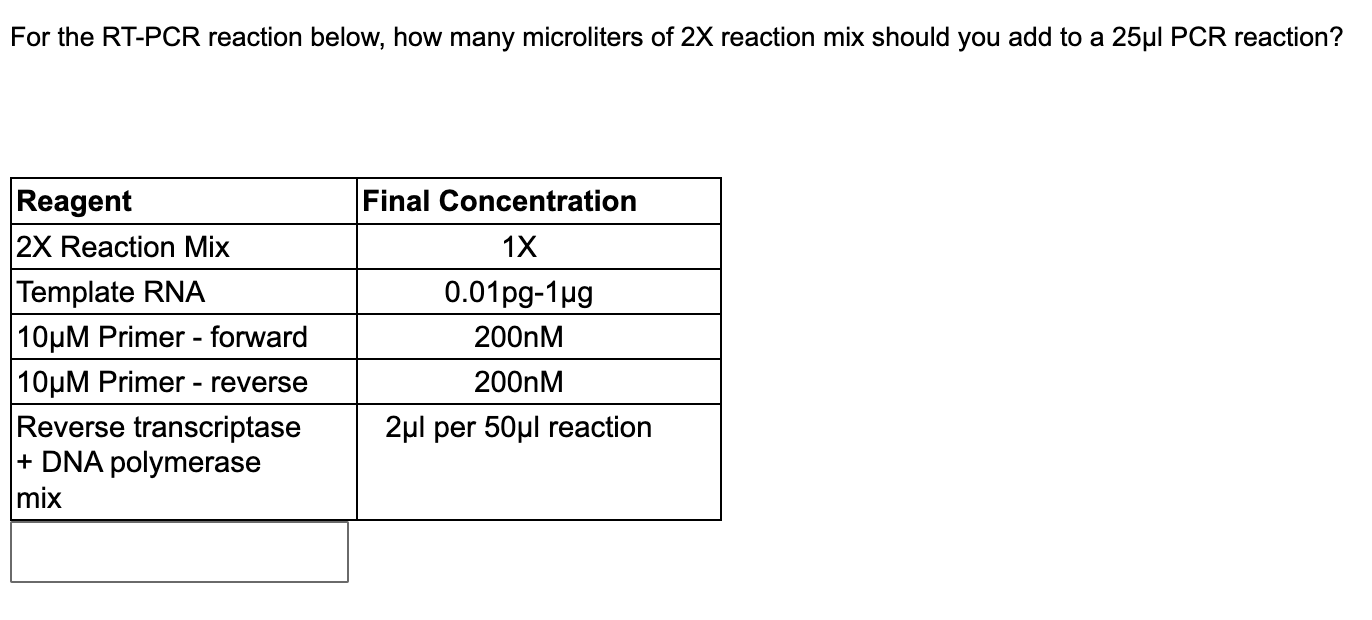 Solved For the RT-PCR reaction below, how many microliters | Chegg.com