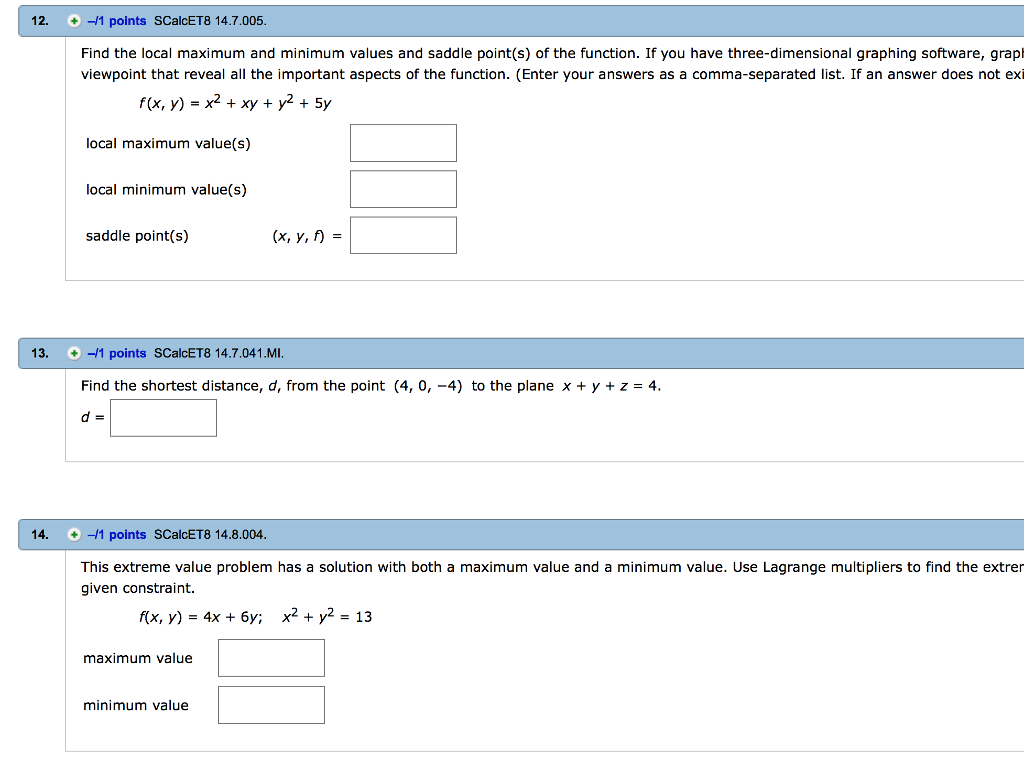 Solved 12. + ?1 points SCalcET8 14.7.005 Find the local | Chegg.com