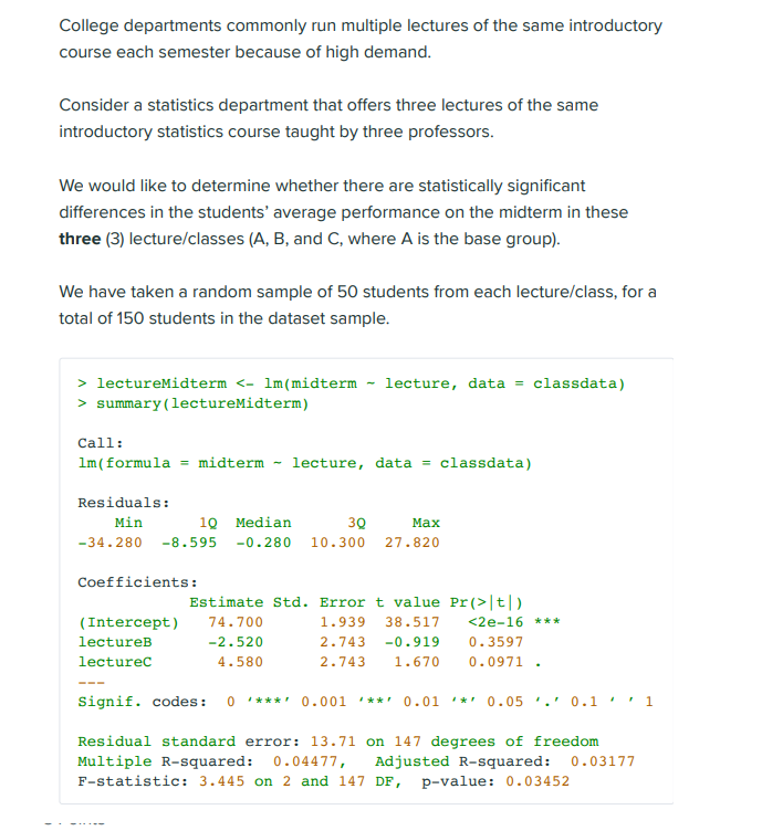 Solved College departments commonly run multiple lectures of | Chegg.com