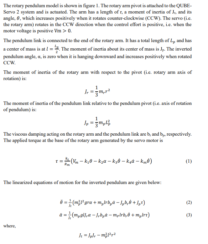 Solved Figure 1: Rotory Inverted pendulumThe rotary pendulum | Chegg.com