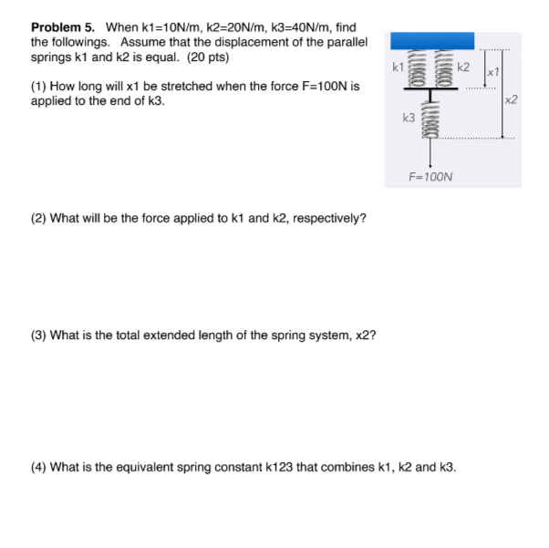 Solved Problem 5. When k1=10 N/m,k2=20 N/m,k3=40 N/m, find | Chegg.com