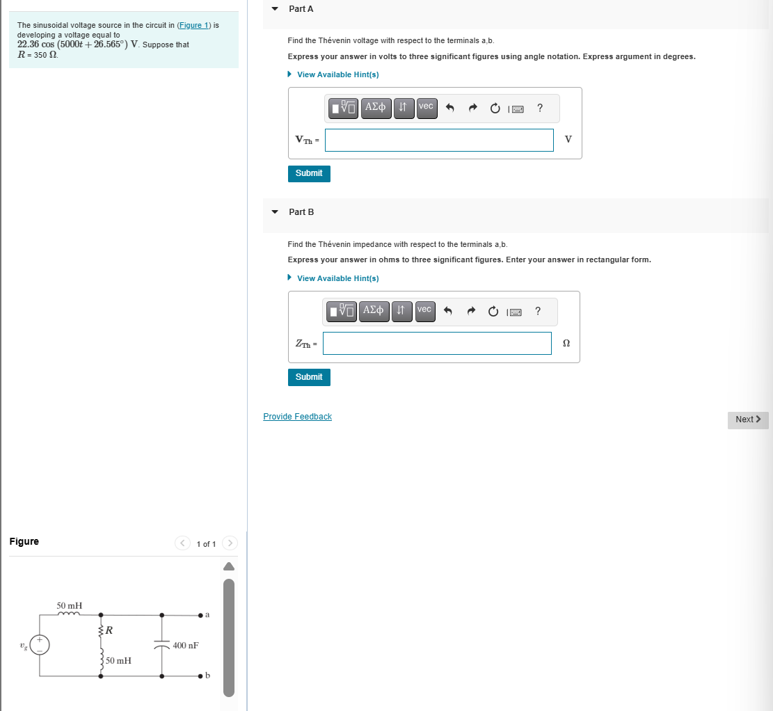 Solved Part AThe sinusoidal voltage source in ﻿the circuit | Chegg.com