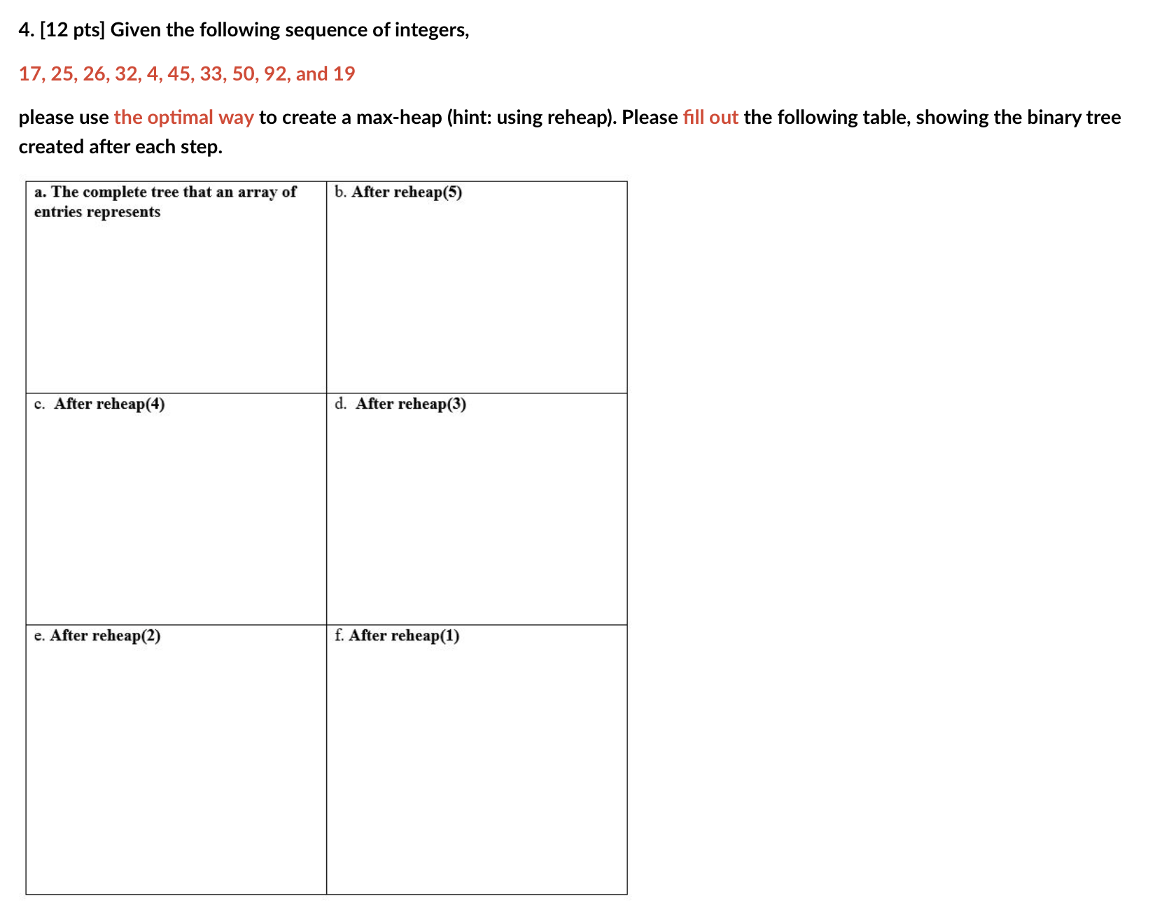 Solved 4. [12 pts] Given the following sequence of integers, | Chegg.com