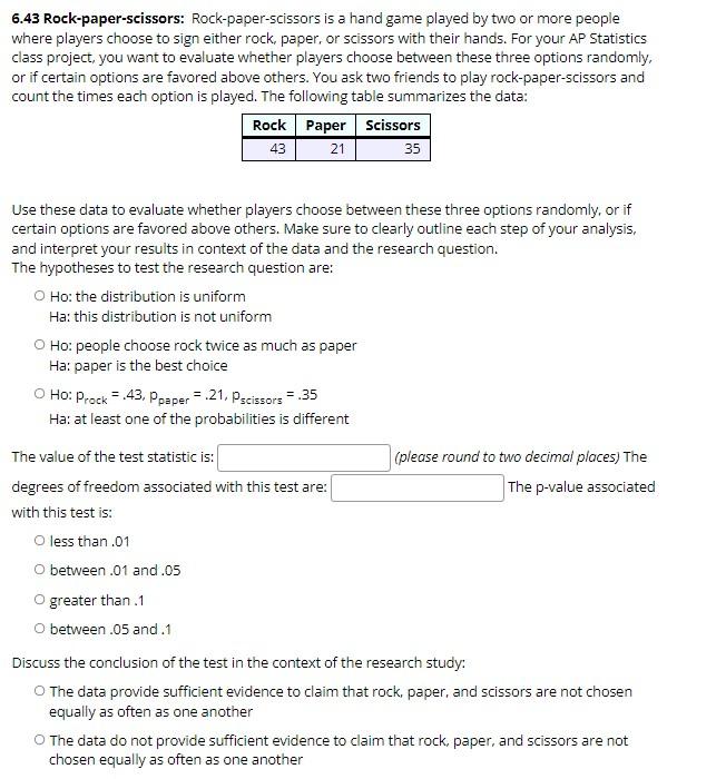 Solved 6.43 Rock-paper-scissors: Rock-paper-scissors is a | Chegg.com