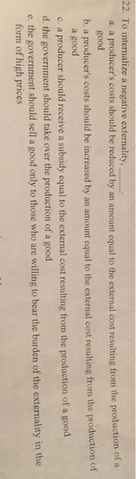 Solved 22. To internalize a negative externality a. a | Chegg.com