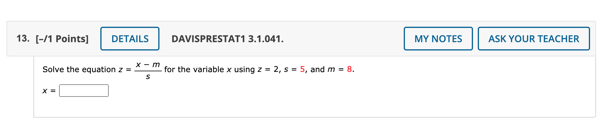Solved 13. [-/1 Points] DETAILS DAVISPRESTAT1 3.1.041. MY | Chegg.com