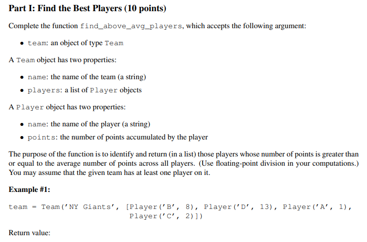 Solved Part I: Find the Best Players (10 points) Complete | Chegg.com