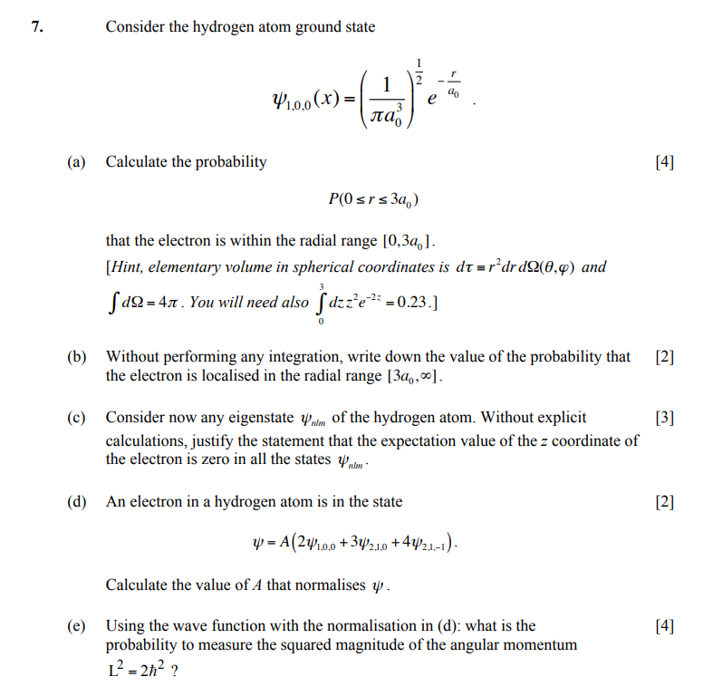 Solved 7 Consider The Hydrogen Atom Ground State 1 2 E Si
