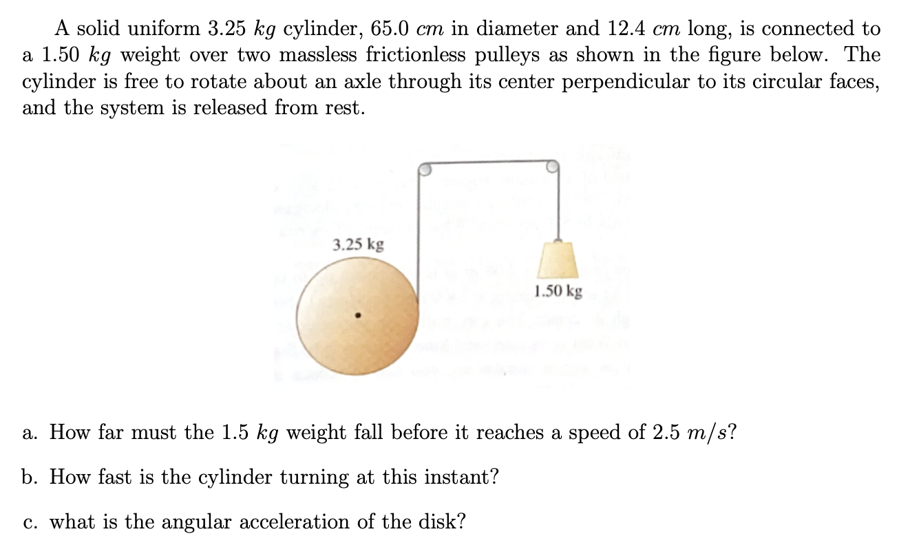 Solved A solid uniform 3.25 ﻿kg cylinder, 65.0 ﻿cm in | Chegg.com