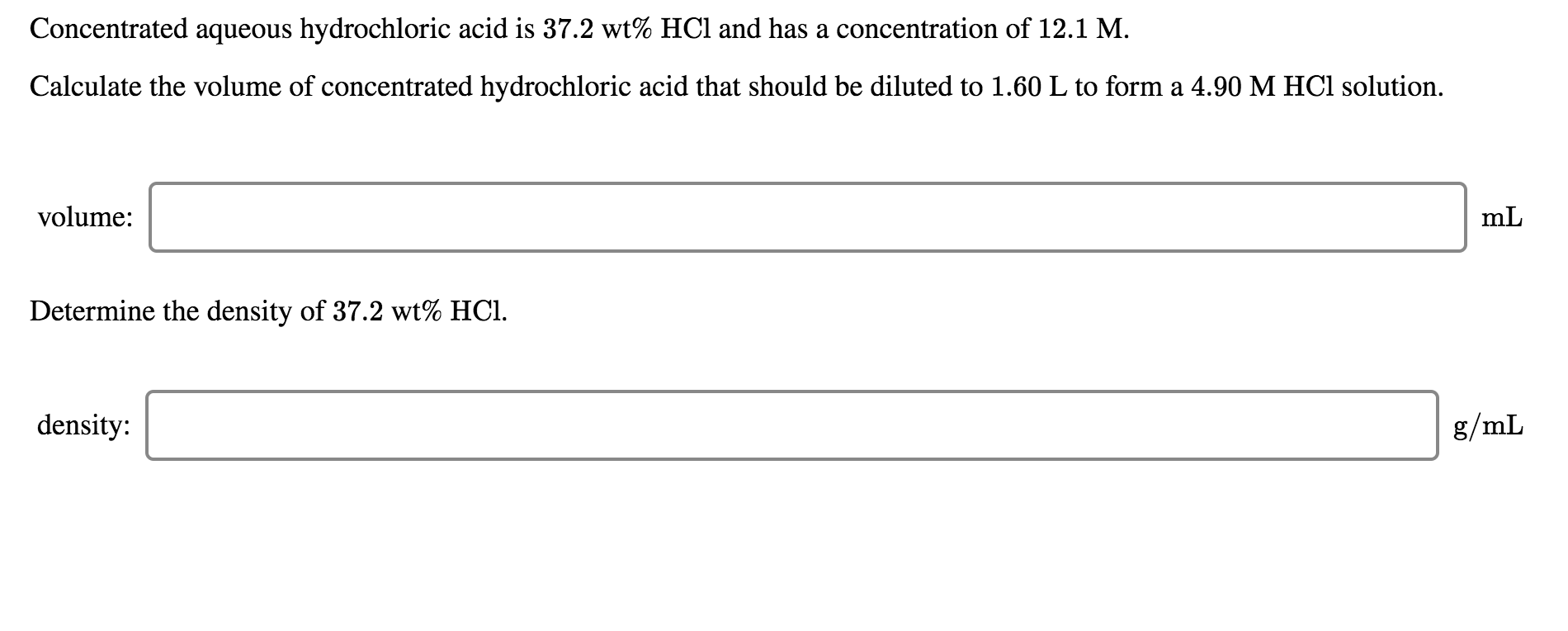 Solved Concentrated aqueous hydrochloric acid is 37.2 wt% | Chegg.com