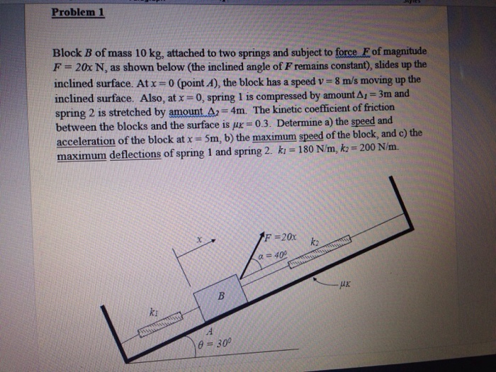 Solved Problem 1 Block B of mass 10 kg, attached to two | Chegg.com