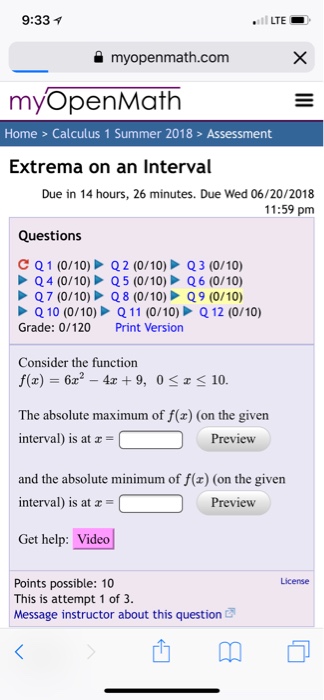 Solved 9:33 1 a myopenmath.comm myOpenMath Home > Calculus 1 | Chegg.com