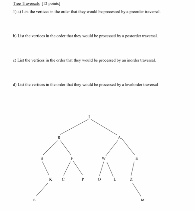 Solved Tree Traversals [12 points] 1) a) List the vertices | Chegg.com