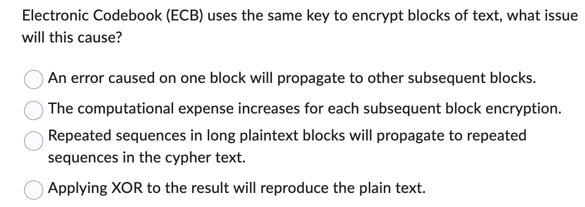 Solved Electronic Codebook (ECB) uses the same key to | Chegg.com