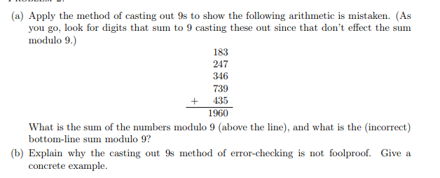Solved (a) Apply the method of casting out 9s to show the | Chegg.com