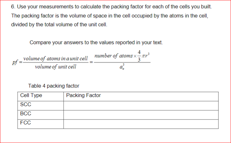 Solved 6. Use your measurements to calculate the packing | Chegg.com