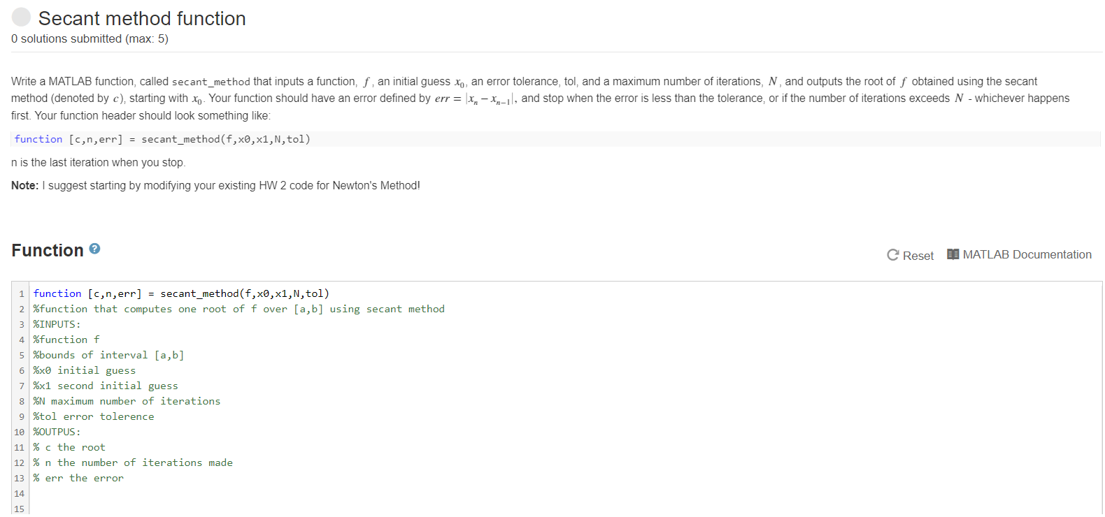 Solved Secant method function O solutions submitted (max: 5) | Chegg.com