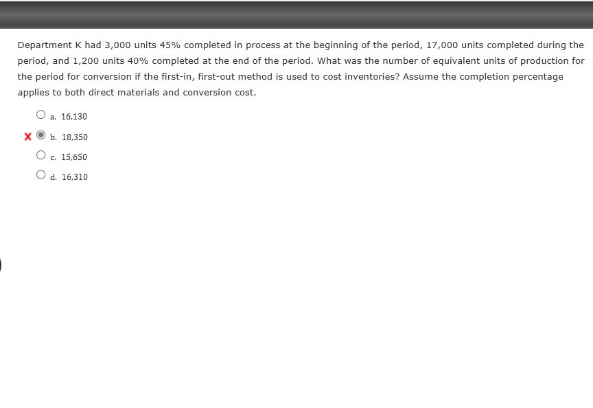Solved Department K had 3,000 units 45% completed in process | Chegg.com