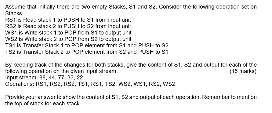Solved Assume that initially there are two empty Stacks, S1 | Chegg.com