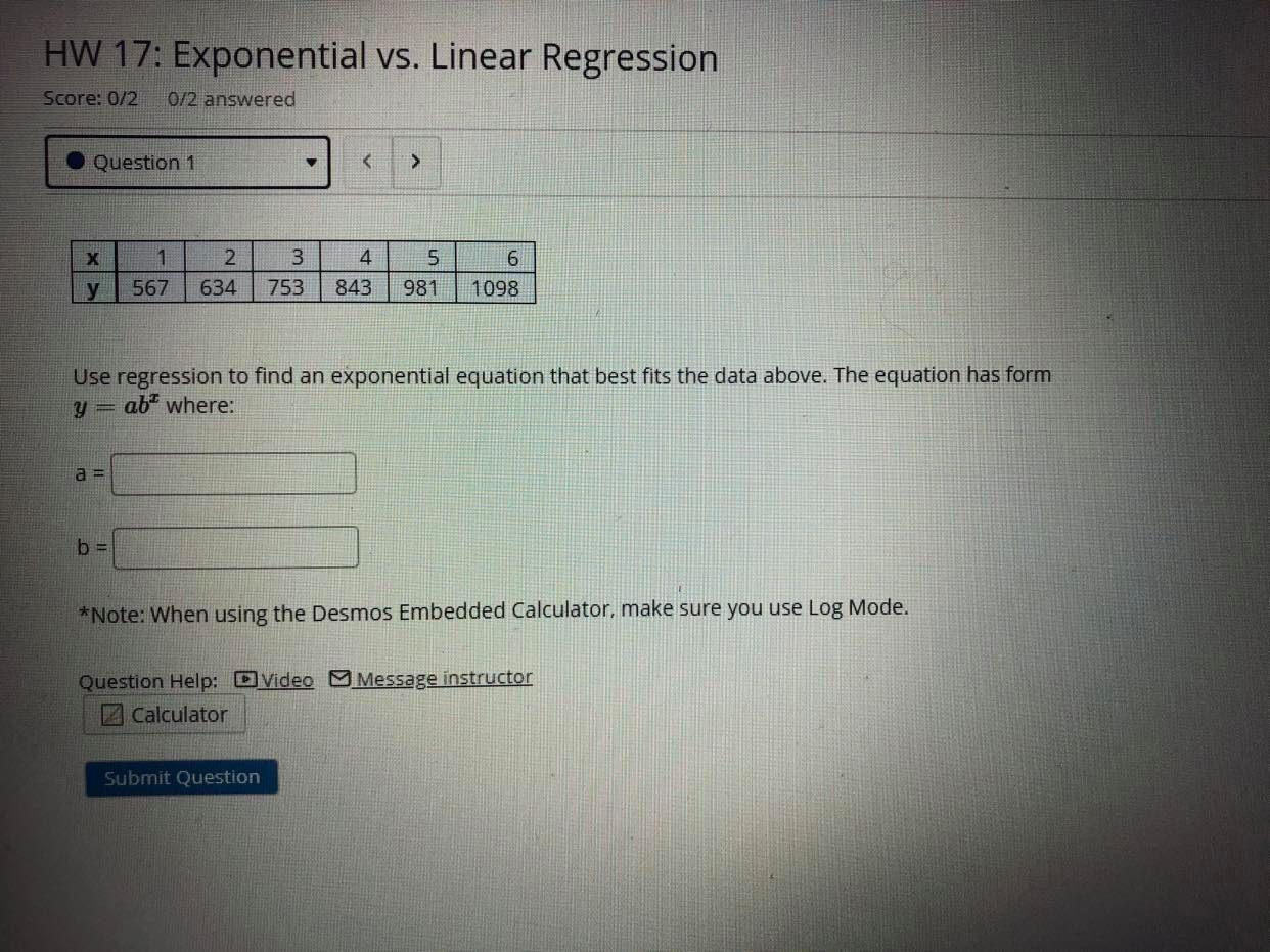 Solved HW 17: Exponential vs. Linear Regression Score: 0/2 | Chegg.com