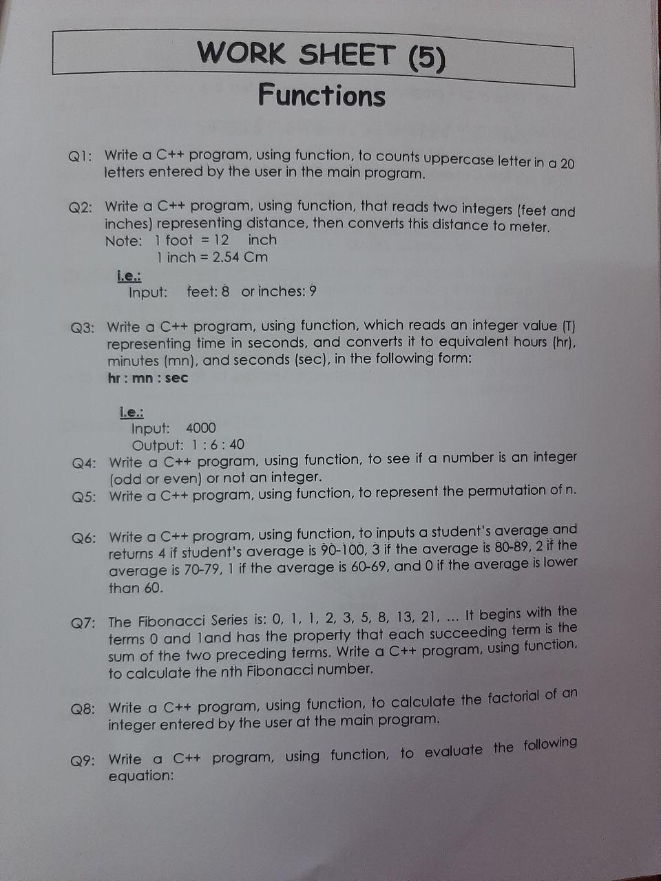 Solved WORK SHEET (5) Functions Q1: Write a C++ program, | Chegg.com