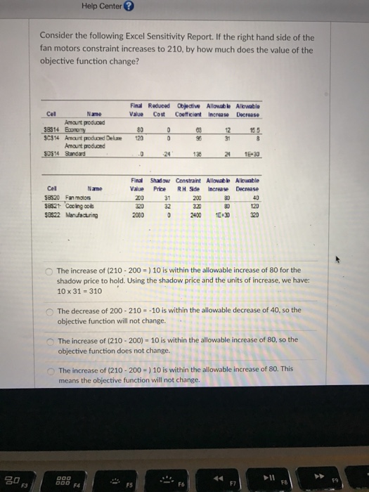 Solved Help Center。 Consider the following Excel Sensitivity | Chegg.com