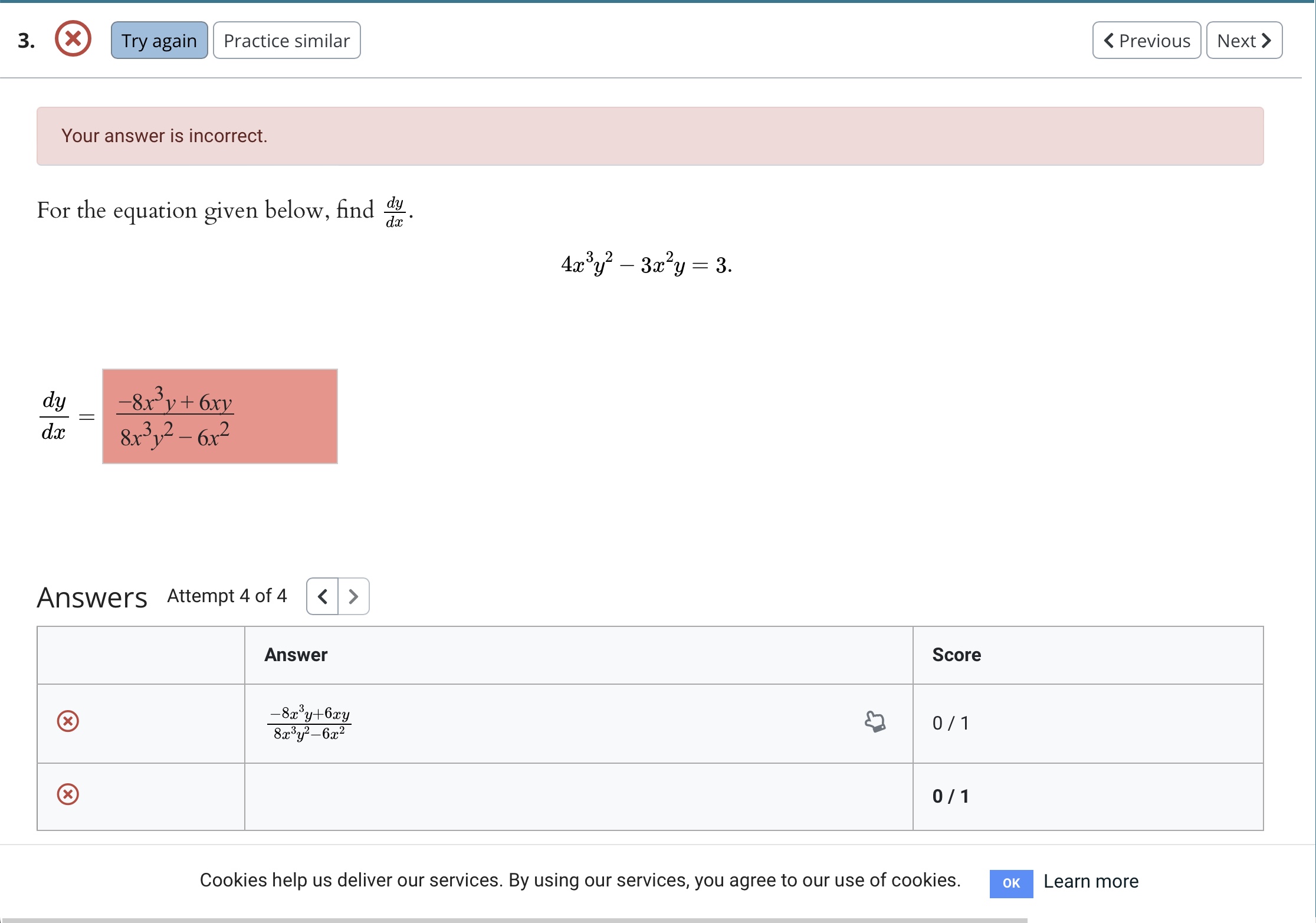 Solved Your answer is incorrect. For the equation given | Chegg.com