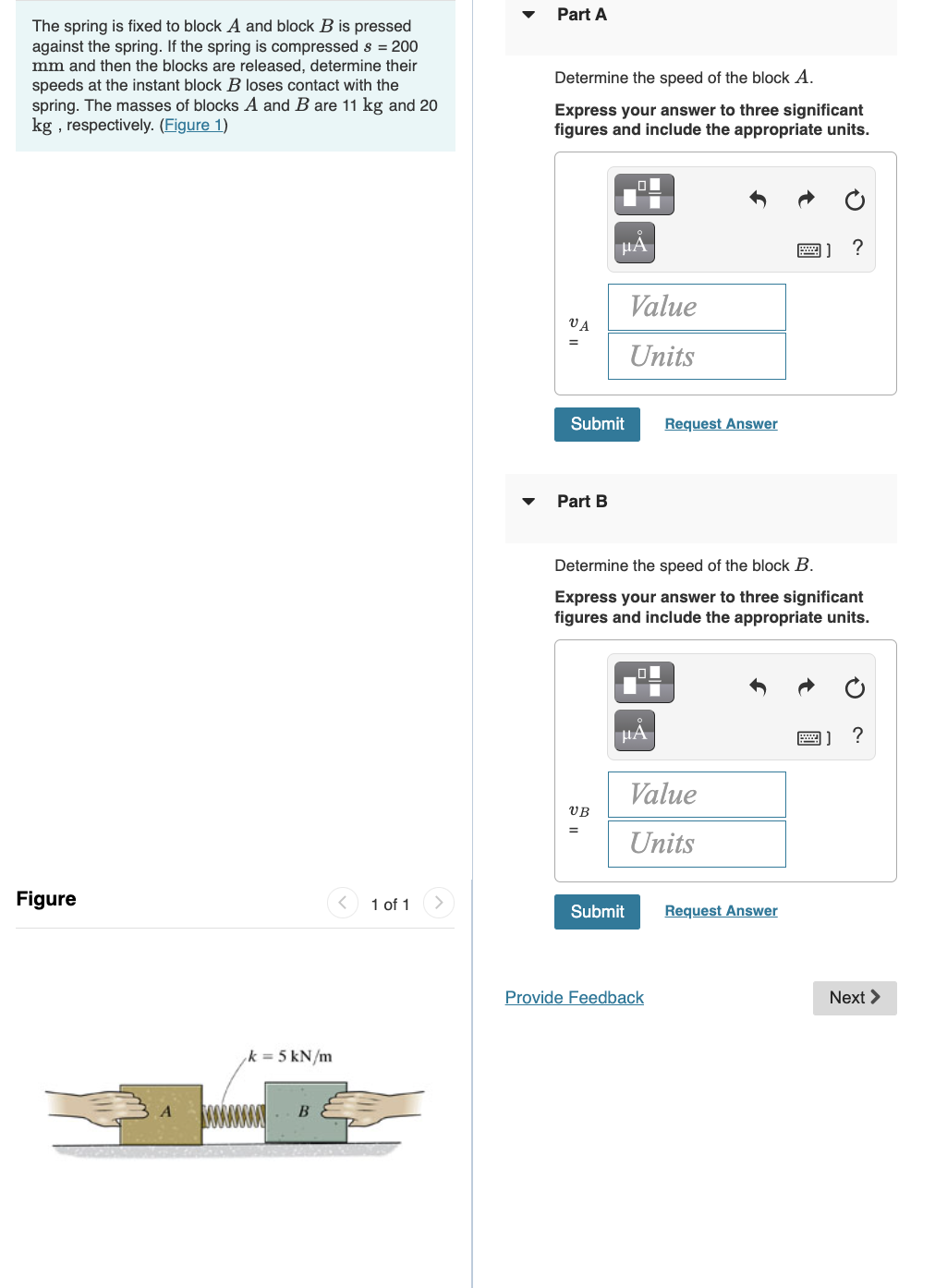 Solved The spring is fixed to block A and block B is pressed | Chegg.com