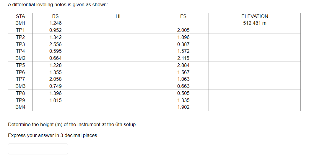 Solved A differential leveling notes is given as shown: HI | Chegg.com