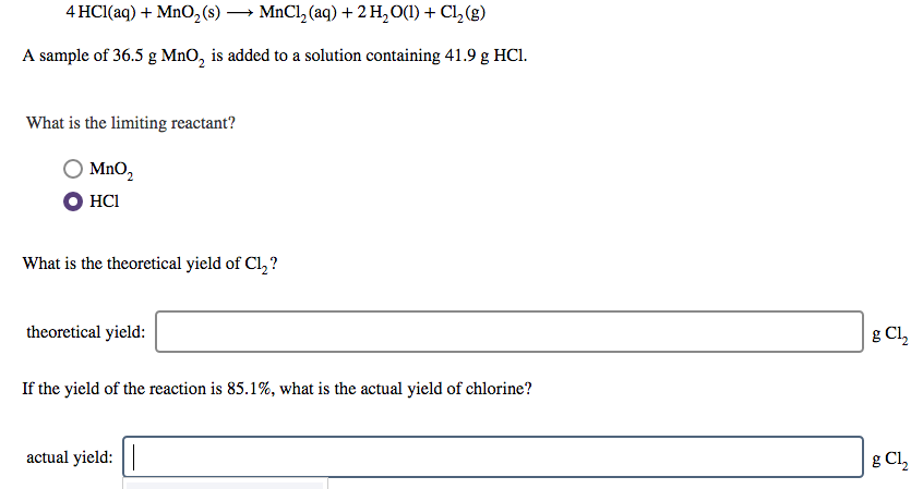 Solved 4 HC(aq) + MnO, () — MnCl, (aq) + 2 Н,О() + Cl, (8) A | Chegg.com