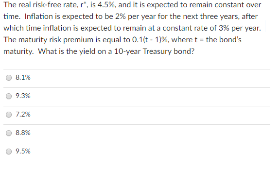Solved The real risk-free rate, r*, is 4.5%, and it is | Chegg.com