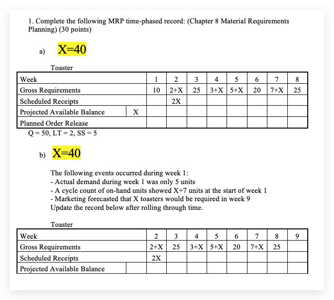 Solved 1. Complete the following MRP time-phased record: | Chegg.com