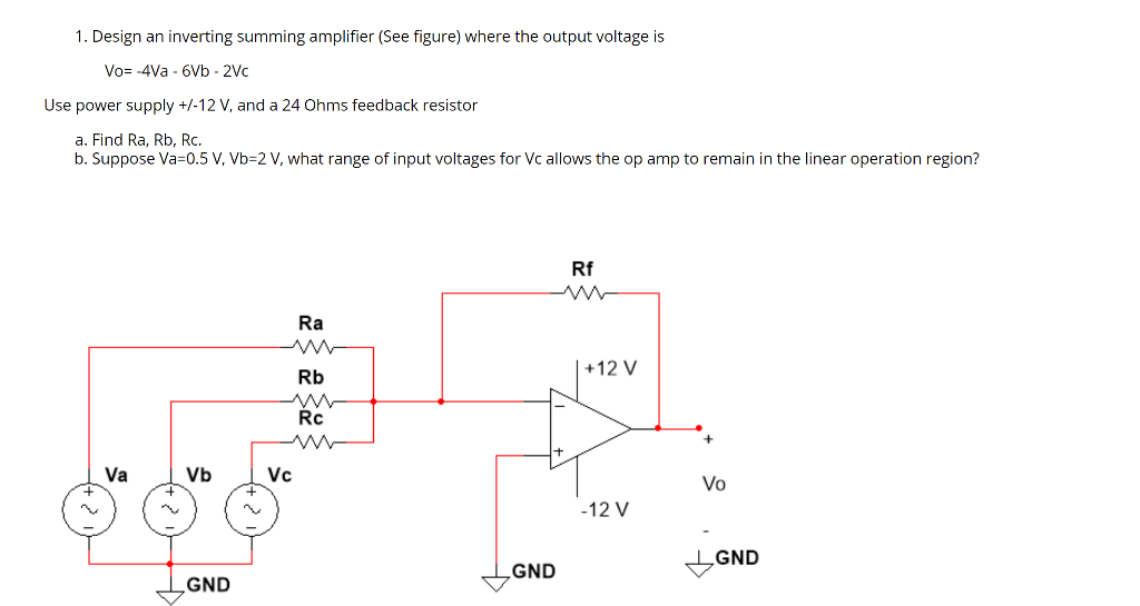 Solved 1. Design an inverting summing amplifier (See figure) | Chegg.com