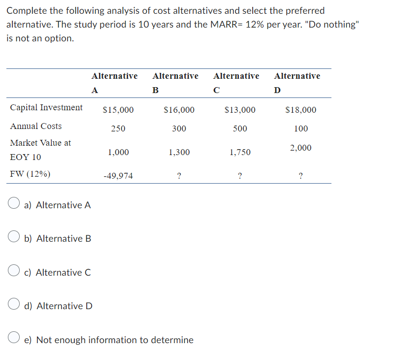 Solved Complete the following analysis of cost alternatives | Chegg.com