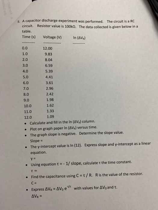 Solved 5. A capacitor discharge experiment was performed. | Chegg.com