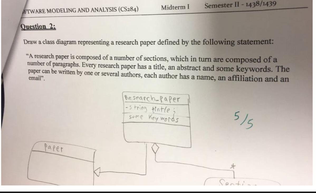 Solved Midterm 1 Semester II - 1438/1439 FTWARE MODELING AND | Chegg.com