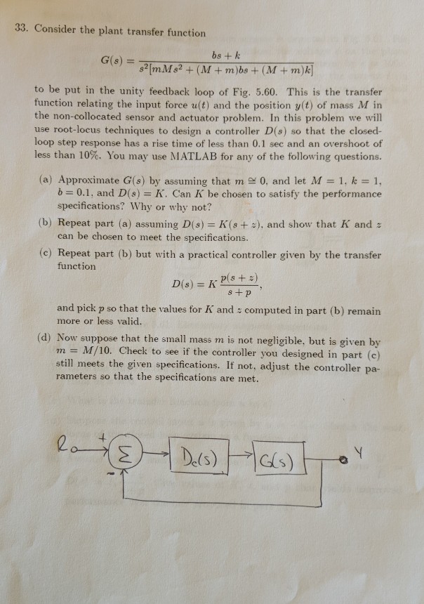 Solved 33. Consider the plant transfer function bs +k G(s) 2 | Chegg.com