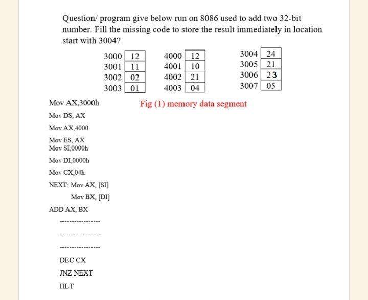 Solved Question/ program give below run on 8086 used to add | Chegg.com