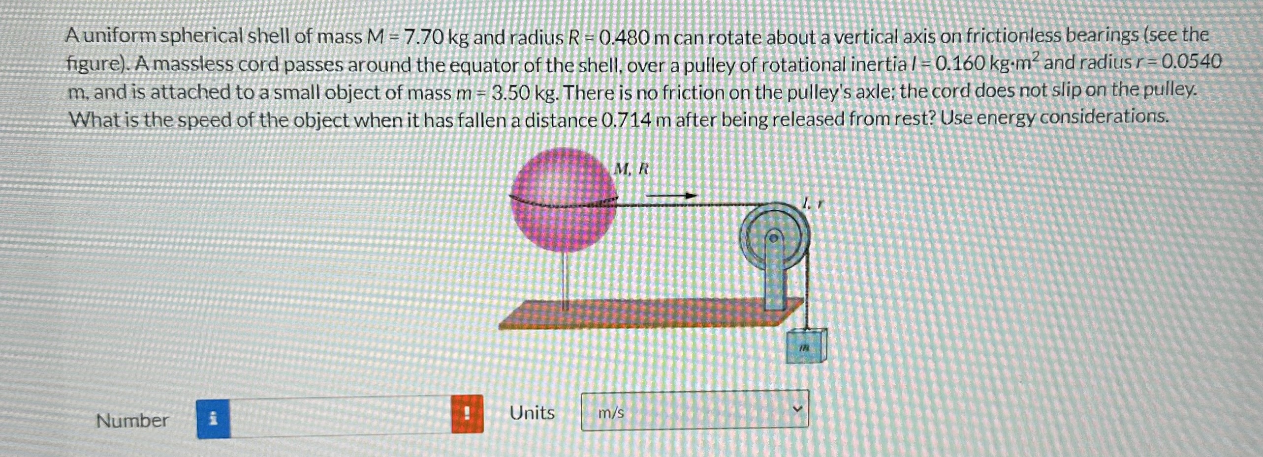 Solved A uniform spherical shell of mass M=7.70 kg and | Chegg.com