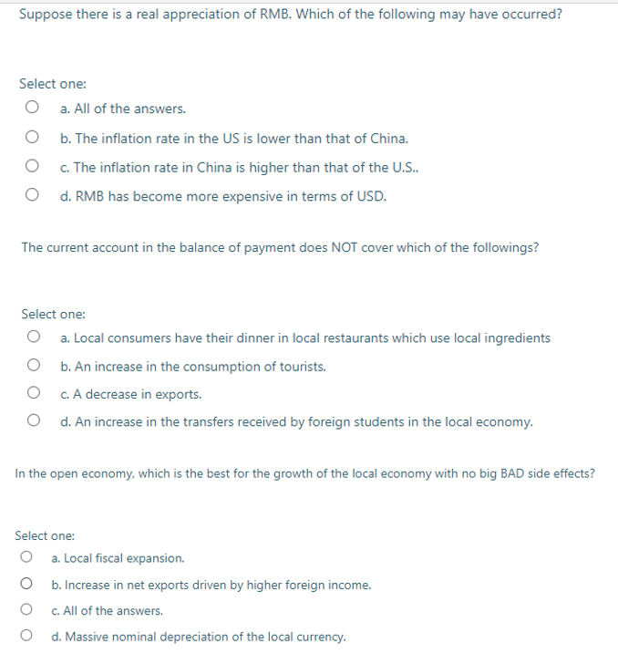 Solved Suppose there is a real appreciation of RMB. Which of | Chegg.com