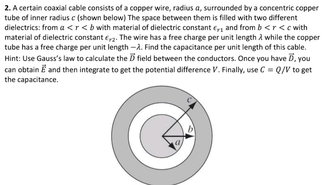 Solved 2. A certain coaxial cable consists of a copper wire, | Chegg.com