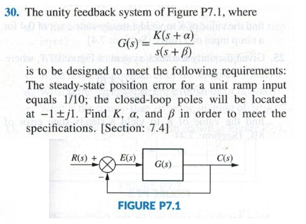 Solved 30. The unity feedback system of Figure P7.1, where | Chegg.com