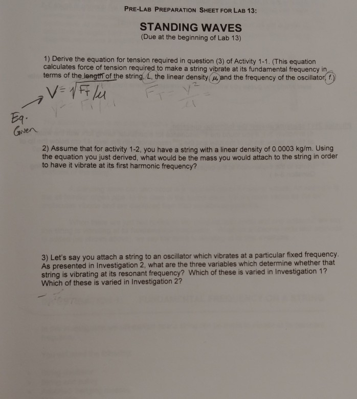 Solved PRE-LAB PREPARATION SHEET FOR LAB 13: STANDING WAVES | Chegg.com