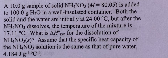 Solved A 10.0 g sample of solid NH4NO3 (NI 80.05) is added | Chegg.com